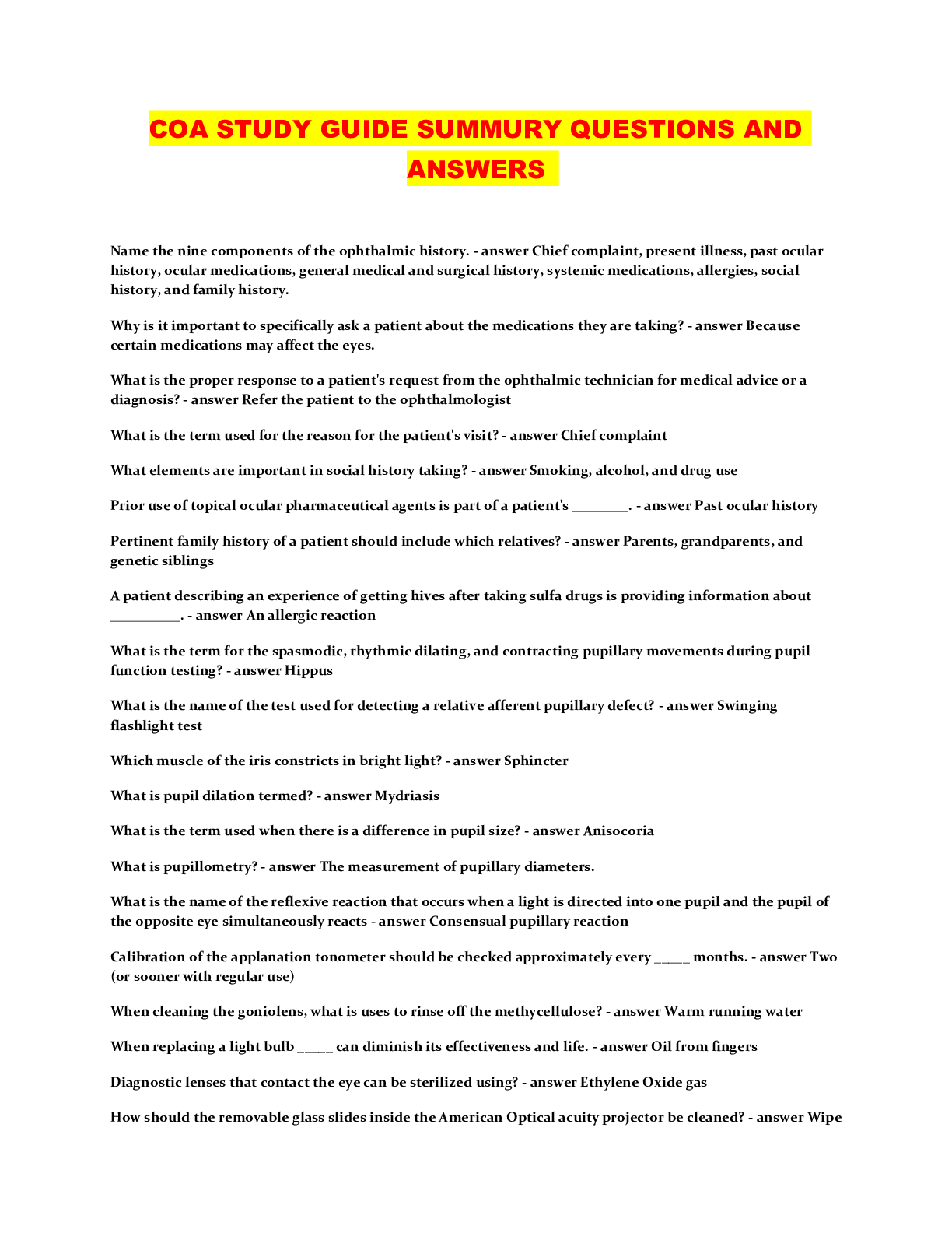 COA STUDY GUIDE SUMMURY QUESTIONS AND ANSWERS – Scholarfriends - Scholarfriends